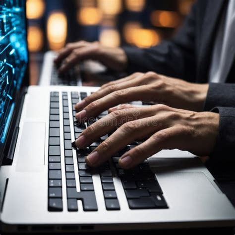 closeup of hands typing on laptop keyboard for data analysis stock