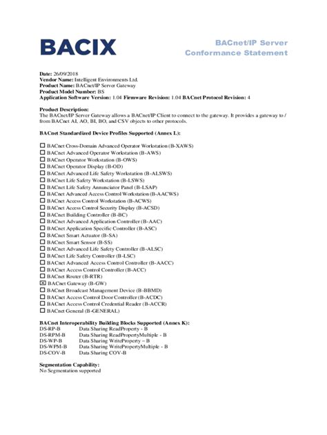 fillable online bacnet ip server conformance statement fax email print