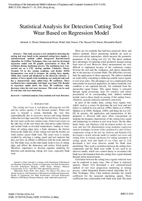 Pdf Statistical Analysis For Detection Cutting Tool Wear Based On Regression Model