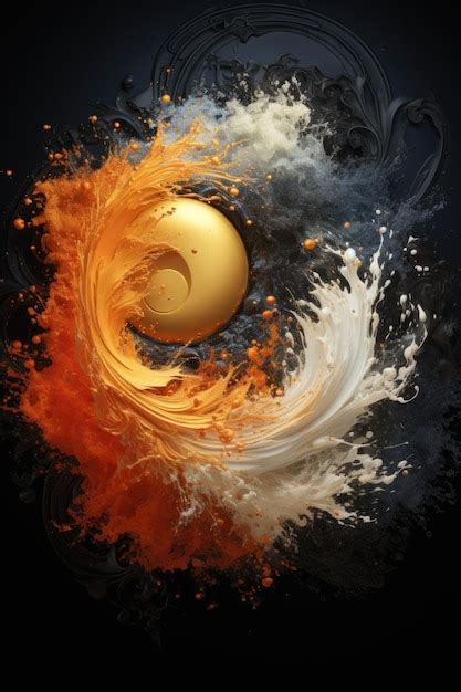 Yin Yang Yin Golden And Black Symbol With Floating Powder There