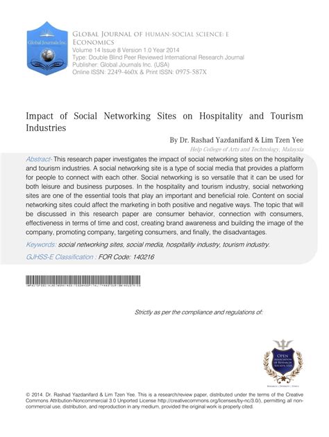 Pdf Impact Of Social Networking Sites On Hospitality And Tourism