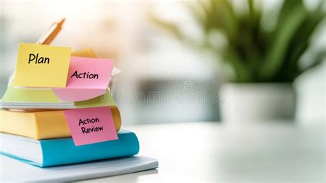 Multicolored Sticky Notes Displaying Planning Workflow Concepts Spread Across Stacked Books