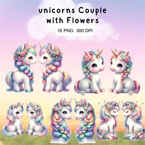 Unicorn Couple With Flowers Clipart Bundle Digital Download Floral