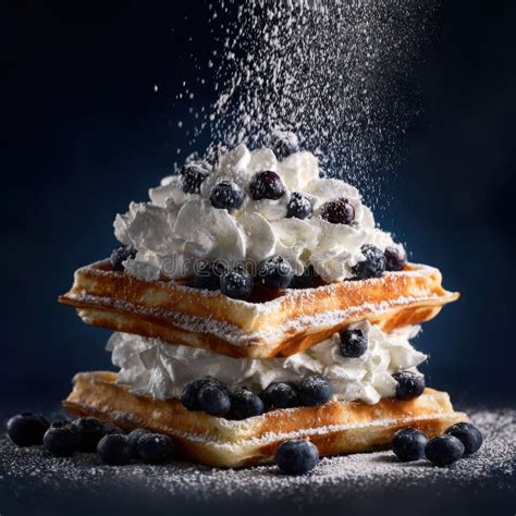 Delicious Stack Of Waffles With Fresh Blueberries Whipped Cream And