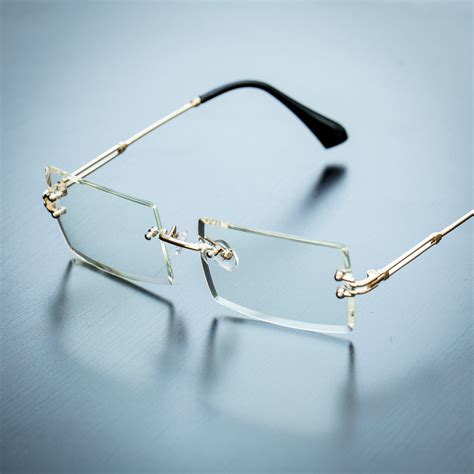 Mens Rimless Hip Hop Fashion Clear Lens Rectangle Gold Frame Glasses
