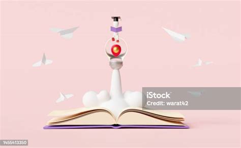 전구 로켓 발사 빨간 핀 졸업 모자 종이 비행기 분홍색 파스텔 배경에 고립 된 스틱 남자와 열린 책 성공 개념 3d 그림 3d 렌더링 3차원 형태에 대한 스톡 사진 및 기타