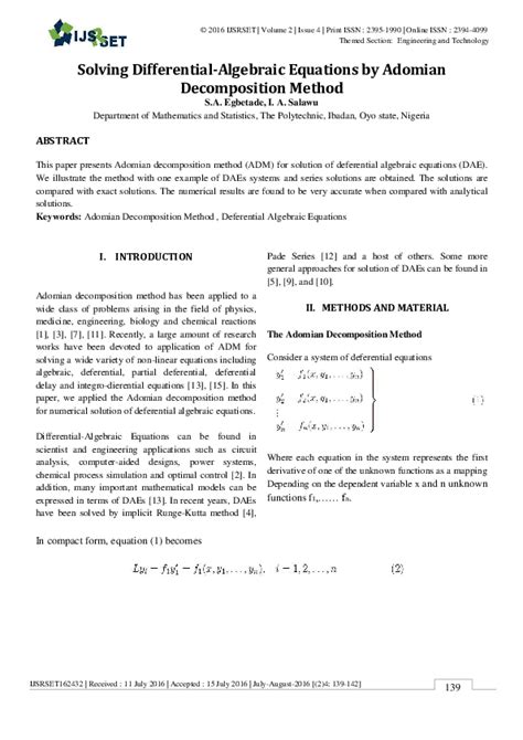 Pdf Solving Differential Algebraic Equations By Adomian Decomposition Method