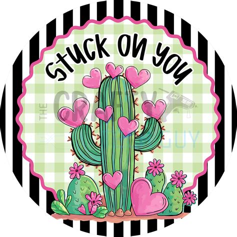 Stuck On You Cactus Valentine Design Green And Pink Hearts With Chec