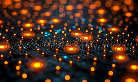 Abstract Digital Circuit Board With Glowing Orange And Teal Lights Dense Network Of
