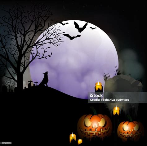 할로윈 호박 묘비 박쥐 촛불 및 보름달 배경 벡터 일러스트 레이 션에 늑대 10월에 대한 스톡 벡터 아트 및 기타 이미지