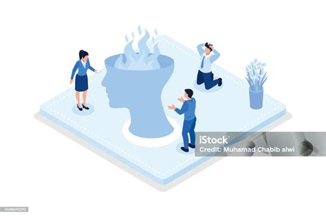 사고 방식 문제를 해결하고 정서적 소진에 맞서 싸우는 캐릭터 심리 치료 개념 아이소메트릭 벡터 현대 그림 Mental Wellbeing에 대한 스톡 벡터 아트 및 기타