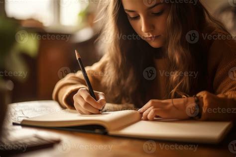 Close Up Shot Of A Girl Writing On Her Brand New Notebook Generative