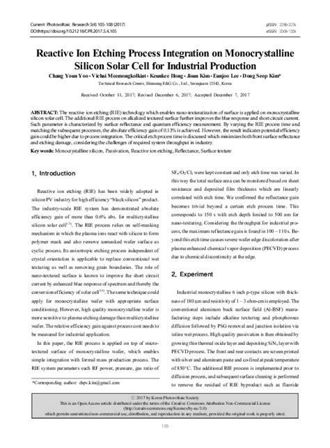 Pdf Reactive Ion Etching Process Integration On Monocrystalline
