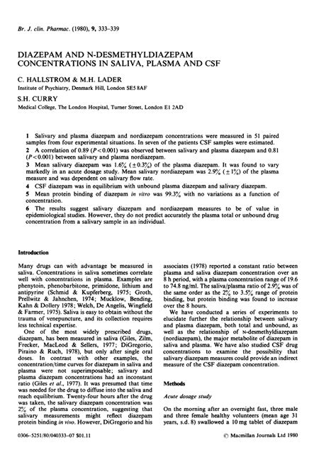 Diazepam And N Desmethyldiazepam Concentrations In Saliva Plasma And Csf Pmc