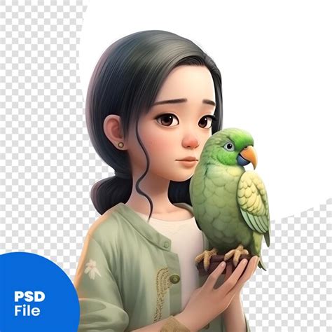 Premium Psd 3d Rendering Of A Cute Girl With A Parrot In Her Hands Psd Template