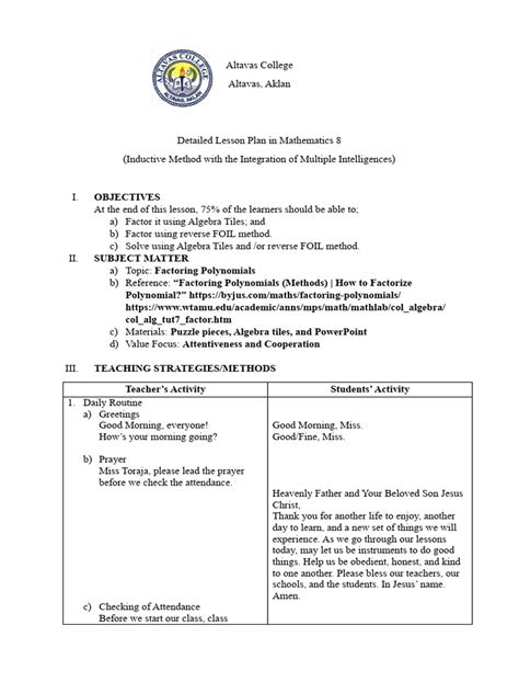 Lesson Plan Factoring Pdf Factorization Algebra