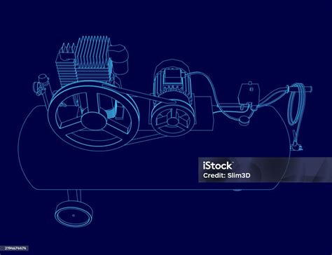 Blue Drawing Of A Compressor With A Wheels The Compressor Is Shown In A
