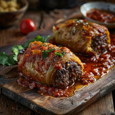 Delicious Cabbage Rolls Stuffed With Meat And Rice On Rustic Wooden