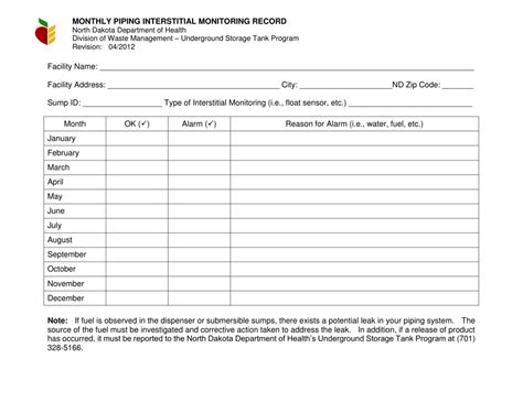 North Dakota Monthly Piping Interstitial Monitoring Record Form Fill Out Sign Online And