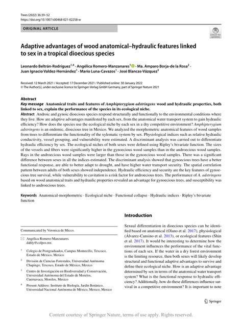 Adaptive Advantages Of Wood Anatomicalhydraulic Features Linked To Sex In A Tropical Dioecious