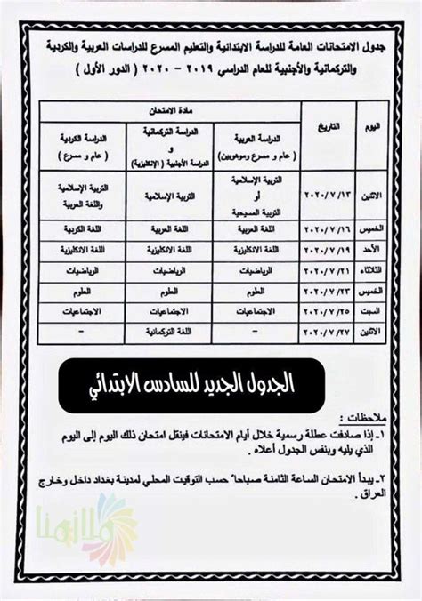 جدول امتحانات السادس ابتدائي 2020 الدور الاول ملازمنا