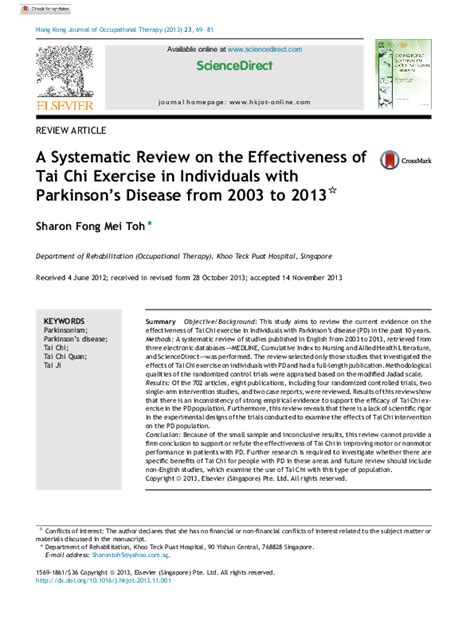 Pdf A Systematic Review On The Effectiveness Of Tai Chi Exercise In Individuals With Parkinson