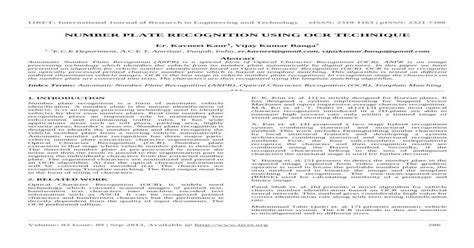 Number Plate Recognition Using Ocr Technique · Number Plate Recognition Using Ocr Technique Er