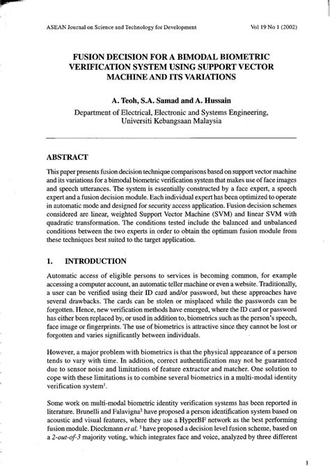 Pdf Fusion Decision For A Bimodal Biometric Verification System Using