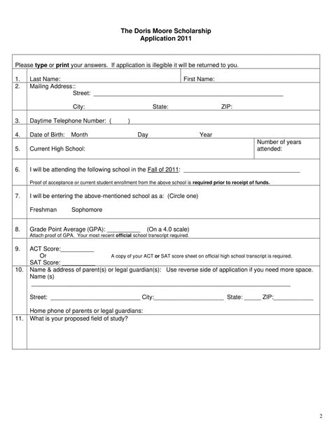 Free Printable Scholarship Application Templates Pdf Word