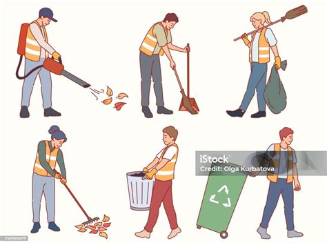 거리 청소부 제복을 입은 청소부는 도시 쓰레기를 수집하고 나뭇잎의 전문 진공 청소기 청소 쓰레기통 이동 청소 환경 만화 평면 고립 된 그림 벡터 세트 쓸기에 대한 스톡 벡터