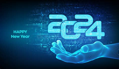 Happy New 2024 Year Numbers 2024 Made With Binary Code In Wireframe Hand Stock Vector