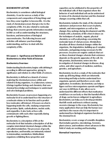 Biochemistry Lecture BIOCHEMISTRY LECTURE Biochemistry Is Sometimes Called Biological