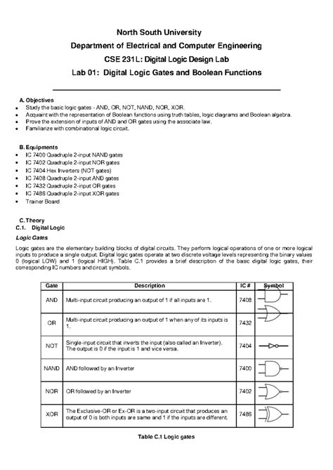 Cse231 Lab Manual 01 Digital Logic Gates And Boolean Functions North