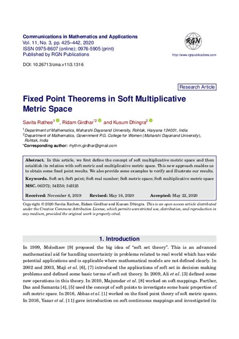 Pdf Fixed Point Theorems In Soft Multiplicative Metric Space