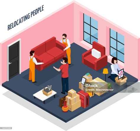 재배치 서비스 재배치 회사 아이소메트릭 구성 을 이동하는 사람들 3차원 형태에 대한 스톡 벡터 아트 및 기타 이미지 3차원 형태 가구 가정의 방 Istock