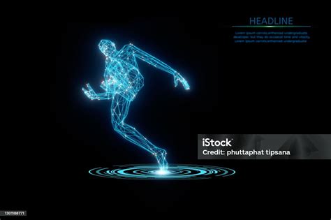 미래 지향적 인 와이어 프레임 인체 그룹 활성 3d 모델 다각형 도트 및 라인 개념 의료 및 기술 가상 스캔 해부학 몸 깊은 학습을위한 인공 지능 또는 Ai 운동 선수에