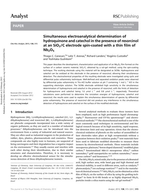 Pdf Simultaneous Electroanalytical Determination Of Hydroquinone And Catechol In The Presence