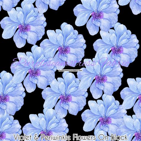 Violet And Periwinkle Flowers On Black Purpleseamstress Fabric