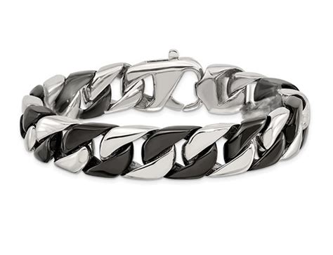 Mens Black And White Stainless Steel Curb Link Bracelet 875 Inches