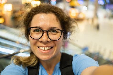 Video Call Portrait Of Excited Cheerful Smiling Woman In Spectacles Taking Selfie Photo Selfie