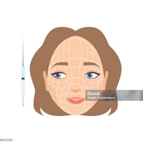 마사지 라인 히 알루 론 산 얼굴 주입 데 여자와 젊은 여자 얼굴 재생 절차 벡터 일러스트 레이 션 가꿔주기에 대한 스톡 벡터