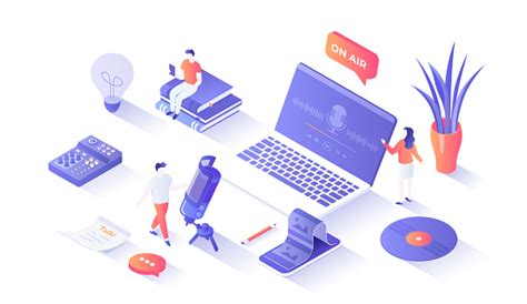 팟 캐스트 녹음 온라인 쇼 블로깅 라디오 방송 인터넷 웹 사이트의 팟 캐스팅 라디오 호스트 작업장 마이크 헤드폰 믹서 웹