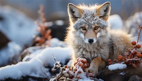 Cute Red Fox Sitting In Snowy Forest Looking Hungry Generated By Ai