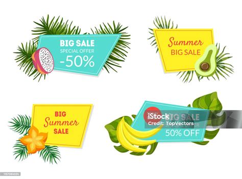 여름 빅 세일 스페셜 오퍼 라벨 세트 50 할인 밝은 전단지 초대장 포스터 카드 전단지 바우처 할인 벡터 일러스트 계절에 대한 스톡 벡터 아트 및 기타 이미지 Istock