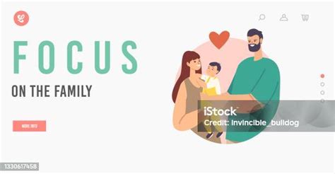 패밀리 랜딩 페이지 템플릿에 초점을 맞춥니다 아기를 안고 있는 부모 엄마와 아버지 사랑하는 행복한 캐릭터 와 유아 가족에 대한