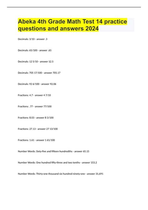 Abeka 4th Grade Math Test 14 Practice Questions And Answers 2024