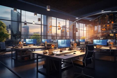 Modern Office Interior With Computers And City View Stock Illustration