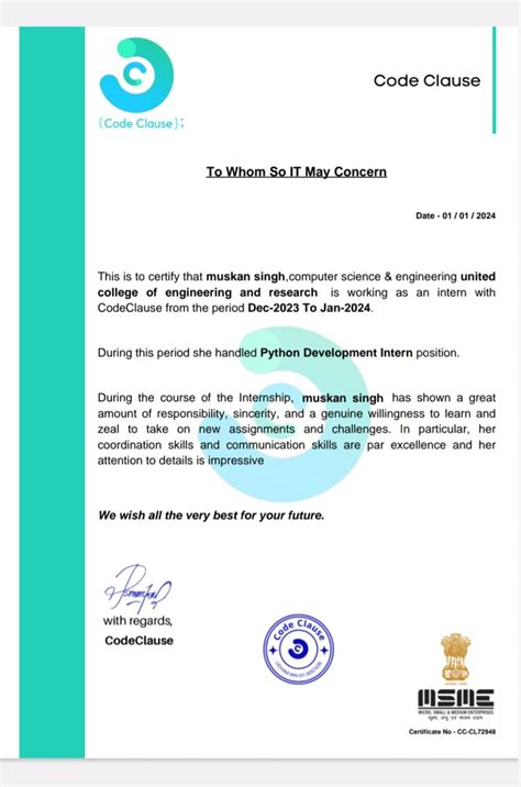 Received My Python Internship Certificate From Codeclause Muskan