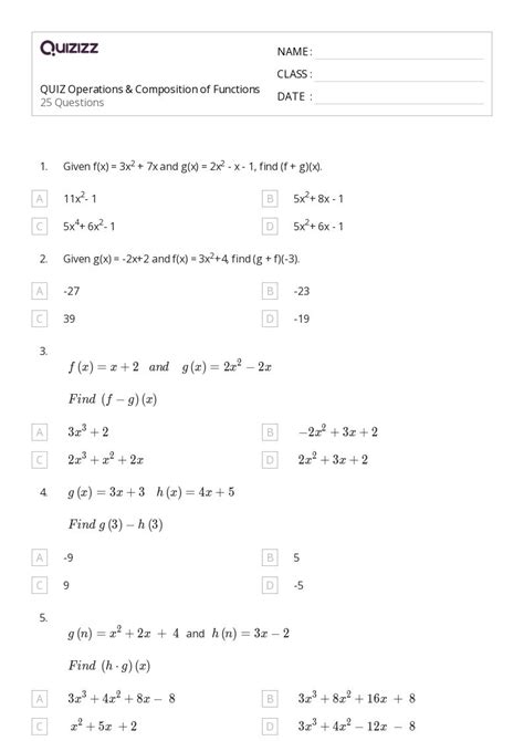 50 Functions Operations Worksheets For 10th Year On Quizizz Free