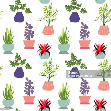 식물과 화분과의 매끄러운 패턴 인쇄 포스터 배너 직물 및 섬유 디자인 0명에 대한 스톡 벡터 아트 및 기타 이미지 0명 꽃 식물 나무 Istock